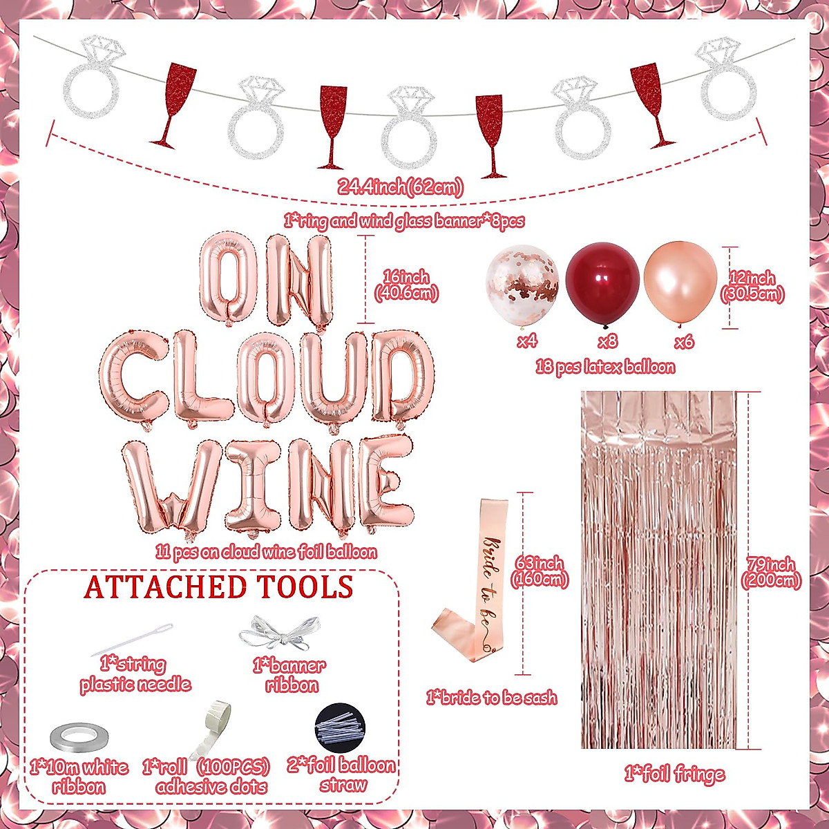 Bride On Cloud Wine Bachelorette Party Decoration, Wedding Bridal Shower Decorations with Wine Bottle Ring Garland, On Cloud Wine Foil Balloon Banner and Latex, Bride To Be Sash and Foil Curtain
