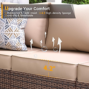 UDPATIO 3-Seat Patio Wicker Sofa, Outdoor Rattan Sectional Couch Furniture Steel Frame w/Furniture Cover Non-Slip Cushion and Deep Seating High Back, Khaki