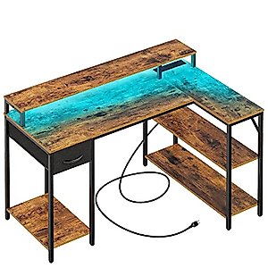 SUPERJARE L Shaped Gaming Desk with LED Lights & Power Outlets, Reversible Computer Desk with Shelves & Drawer, Corner Desk Home Office Desk, Rustic Brown
