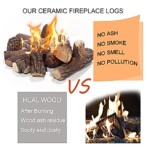 Skypatio Gas Fireplace Logs Set, 9 PCS Ceramic Wood Logs for Indoor or Outdoor Fireplace, Fire Pit Decor, Lightweight & Portable