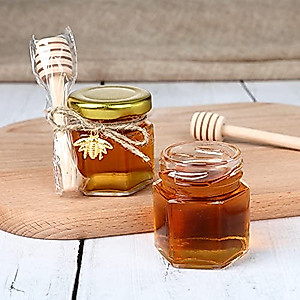 1.5 oz Hexagon Mini Glass Honey Jars -30Pack Honey Jars with Wood Dipper, Gold Lid, Bee Pendants, Jutes - Perfect for Baby Shower, Wedding Favors, Party Favors