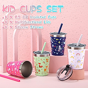 Yahenda 4 Pack Kids Straw Sippy Cups, Toddler Stainless Steel Smoothie Cups, Spill Proof Insulated Tumbler with Lid and Silicone Straw, Unicorn Mermaid Baby Water Bottle for Girls Boys Hot Drink