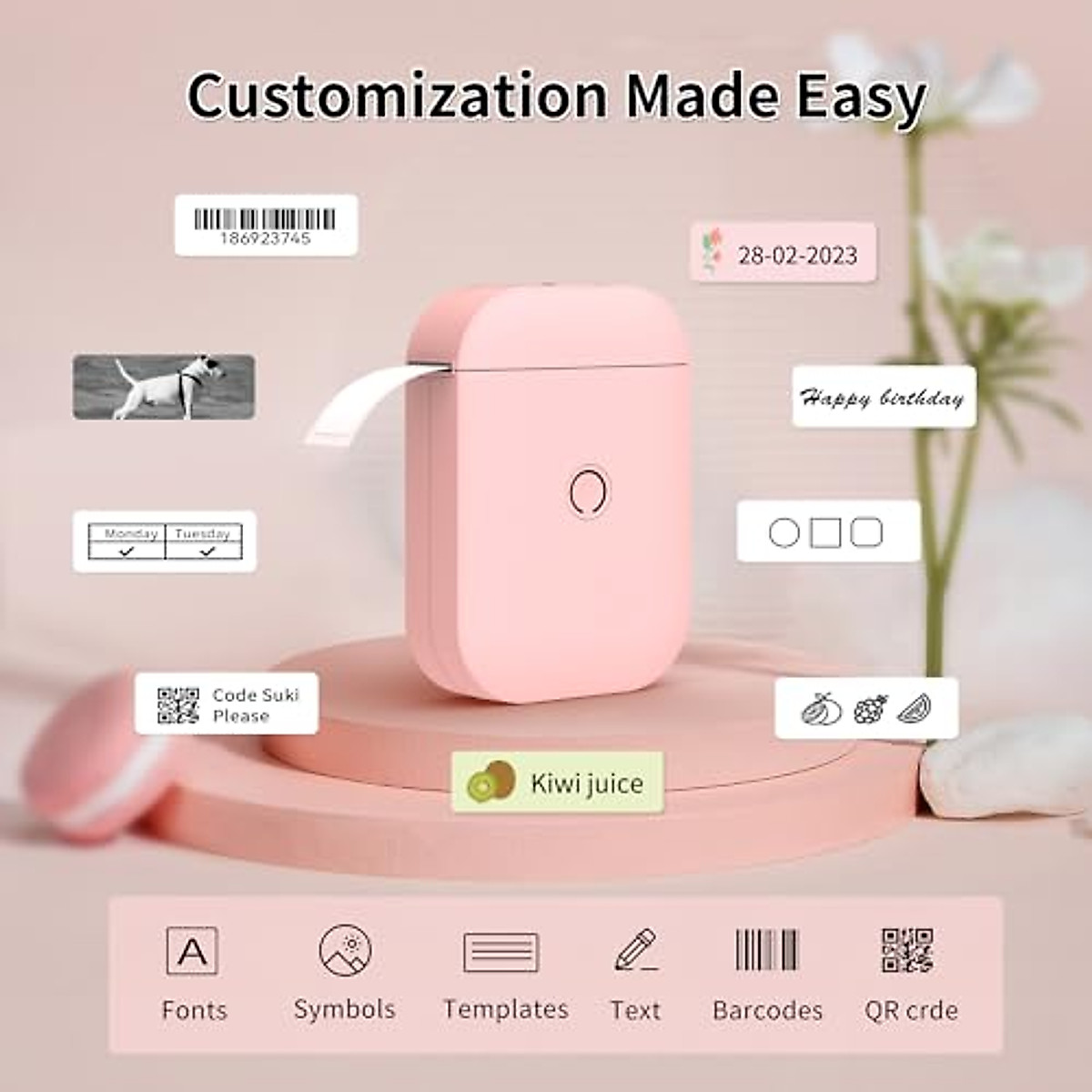 JADENS D11 Pro Portable Bluetooth Label Maker with Tape - Mini Label Printer for Storage, Barcode, Mailing, Office & Home Organizing - Sticker Maker with Multiple Templates, Pink