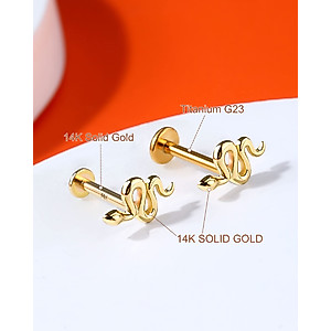 Melighting 14K Gold Helix Earrings Push in Threadless Snake Cartilage Earrings Solid Gold Flat Back Earrings Stud Gold Tragus Piercing Jewelry Labret Jewelry for Women Men