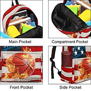 American Flag Basketball School Backpack for Teens Boys Girls Students, 17 Inch Lightweight Middle School Bookbags, Casual Daypack with 15 Inch Laptop Compartment for College, Office or Travel, Red