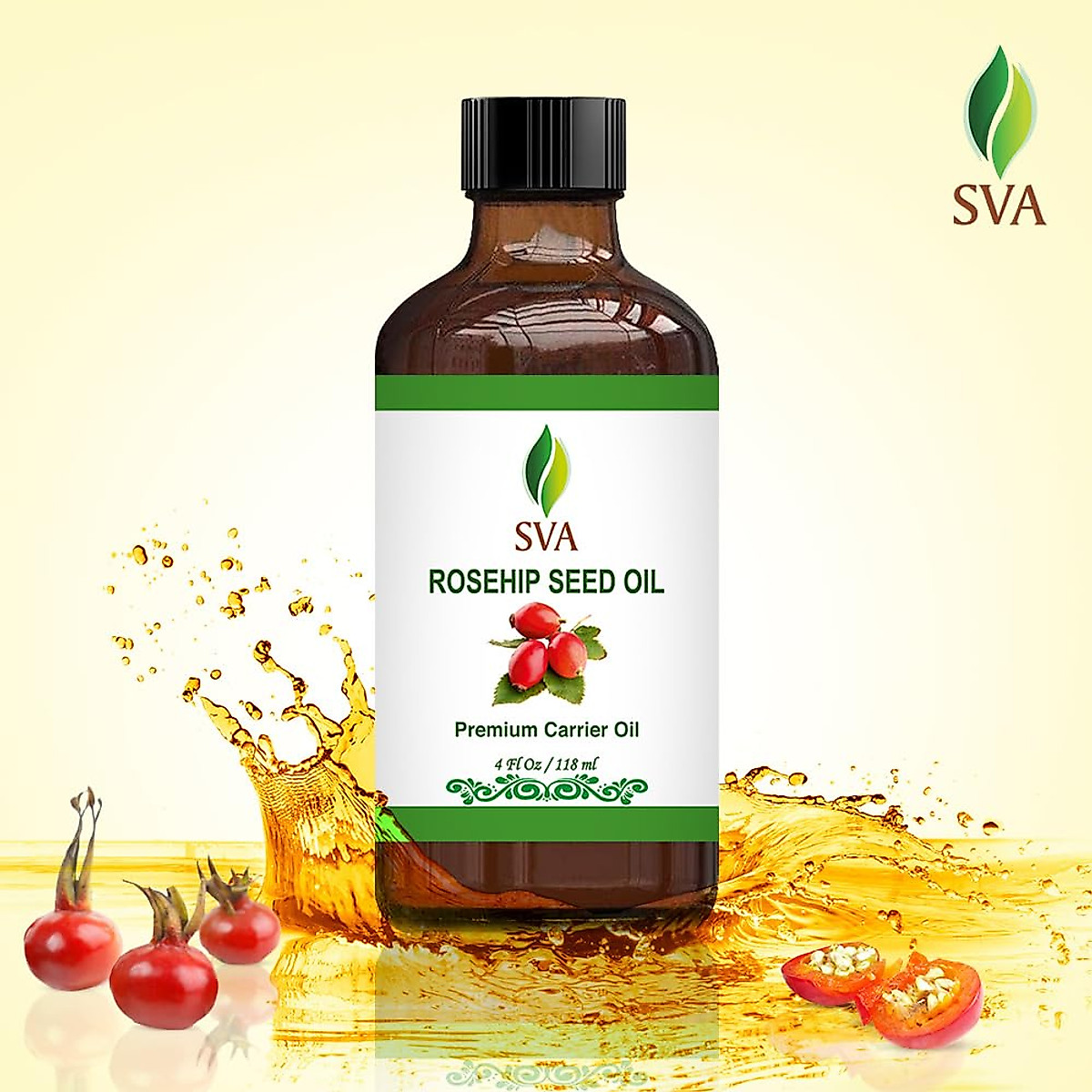 SVA Rosehip Seed Oil - 4 Fl Oz – 100% Natural Cold Pressed Rosehip Oil - for Face, Skin Care, Hair Care, Scalp Massage & Body Massage – Carrier Oil with Dropper