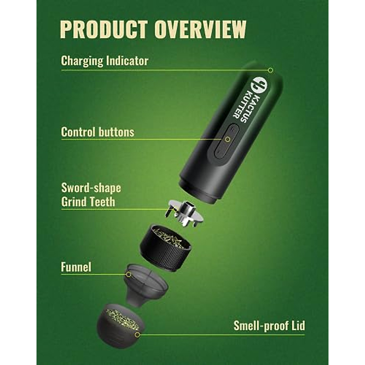 KactusKutter K1 Electric Spice Grinder Battery Powered Automatic Portable For Kitchen Herb Grinding - Holds up to 1 Gram (Shadowed Emerald)