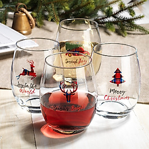 Elegant Home Set of Four (4) 17oz Holiday Festive Christmas Stemless Clear Red Or White Wine Glass With Christmas Tree, Car & Reindeer Design Design