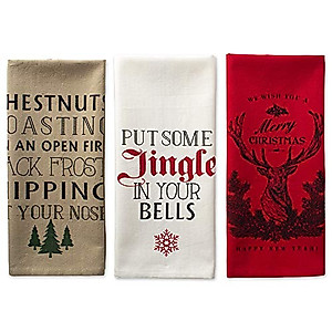 DII Holiday Collection Vintage Print Dishtowel Set, 18x28, Christmas Stag, 3 Piece