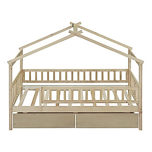 House Bed with Fence Storage, Twin Size Montessori Style Beds with Railings and 2 Drawers, Wooden Playhouse Bed Frame for Kids Girls Boys, Natural