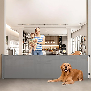 Coolever 118 Inch Retractable Baby Gates Extra Wide, Large Opening Retractable Baby Gates for Doorway Extra Long Dog Gate for The House Outdoor Large Pet Gates for Dog Indoor Mesh Child Gate, Grey