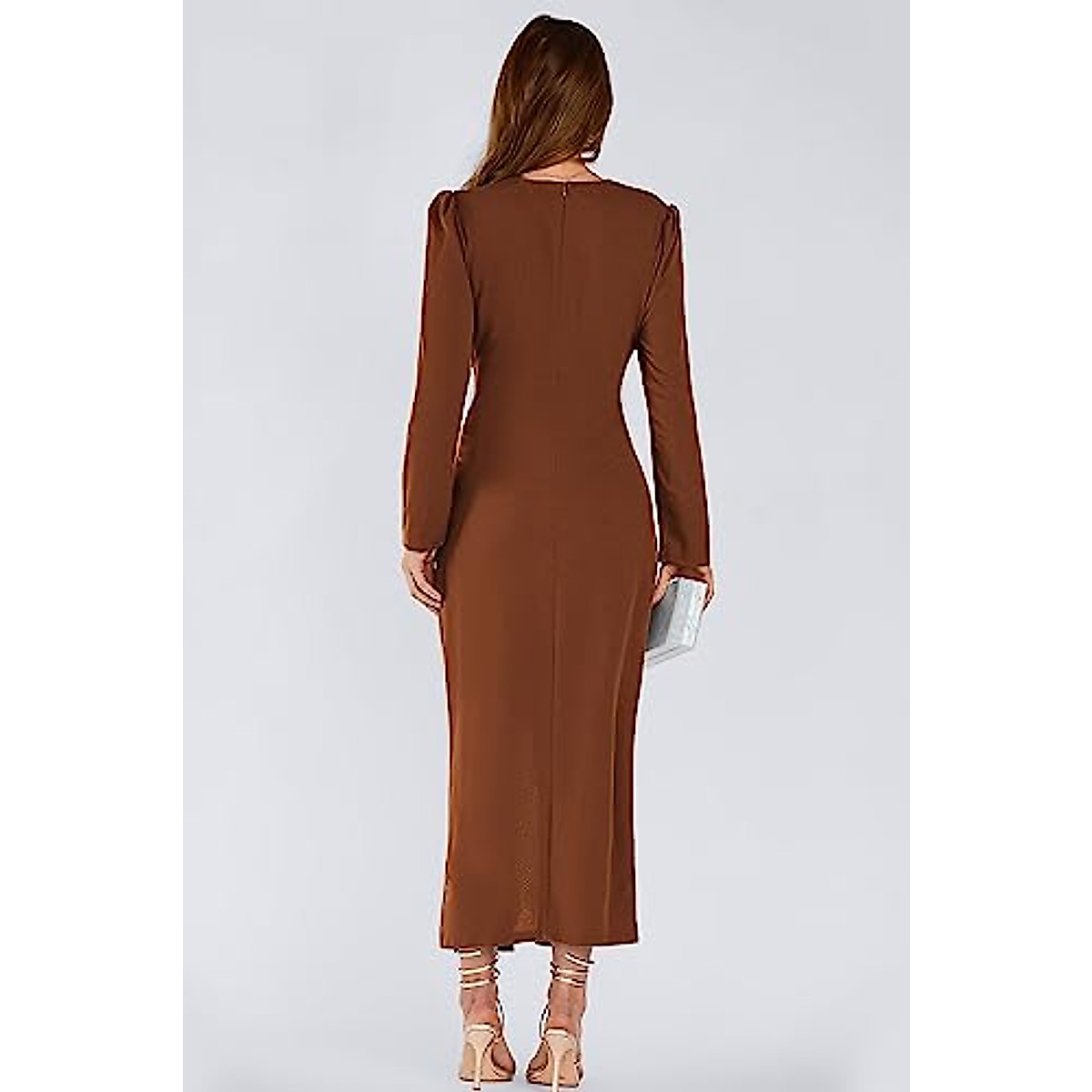 PRETTYGARDEN Women's Spring Fall Fashion Long Puff Sleeve Maxi Dresses V Neck Twist Front Formal Dress with Slit (Coffee,Large)