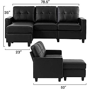 HONBAY Faux Leather Sectional Sofa Convertible L Shape Couch for Small Space, Black