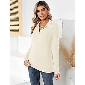 Romanstii Women's Knitted Polo Sweaters Long Sleeve V Neck Collared Shirts Winter Pullover Tops,Beige,L