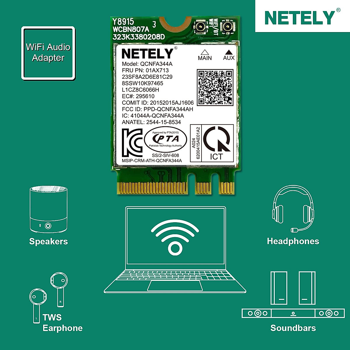 NETELY IEEE 802.11AC WiFi 5 NGFF M2 Interface 1200Mbps WiFi Adapter with Bluetooth 4.2 for Laptop PCs, 2.4GHz 300Mbps and 5GHz 867Mbps NGFF M2 WiFi Card, OEM Lenovo FRU PN: 01AX713 (QCNFA344A)