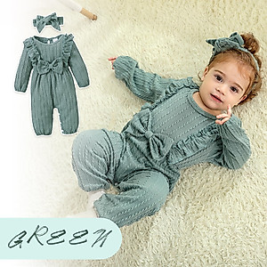 Happy Town Baby Girl Romper Infant Fall Winter Clothes Ruffle Sweater Long Sleeve Bodysuit Jumpsuit and Headband (Green, 0-3 Months)