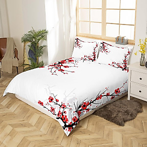 Japanese Duvet Cover Twin Size,Kids Girls Spring Cherry Blossom Comforter Cover Asian Botanic Themed Pattern Fresh Organic Art Bedding Set, Branch of Red Flowers Decorative Bedspreads White Black