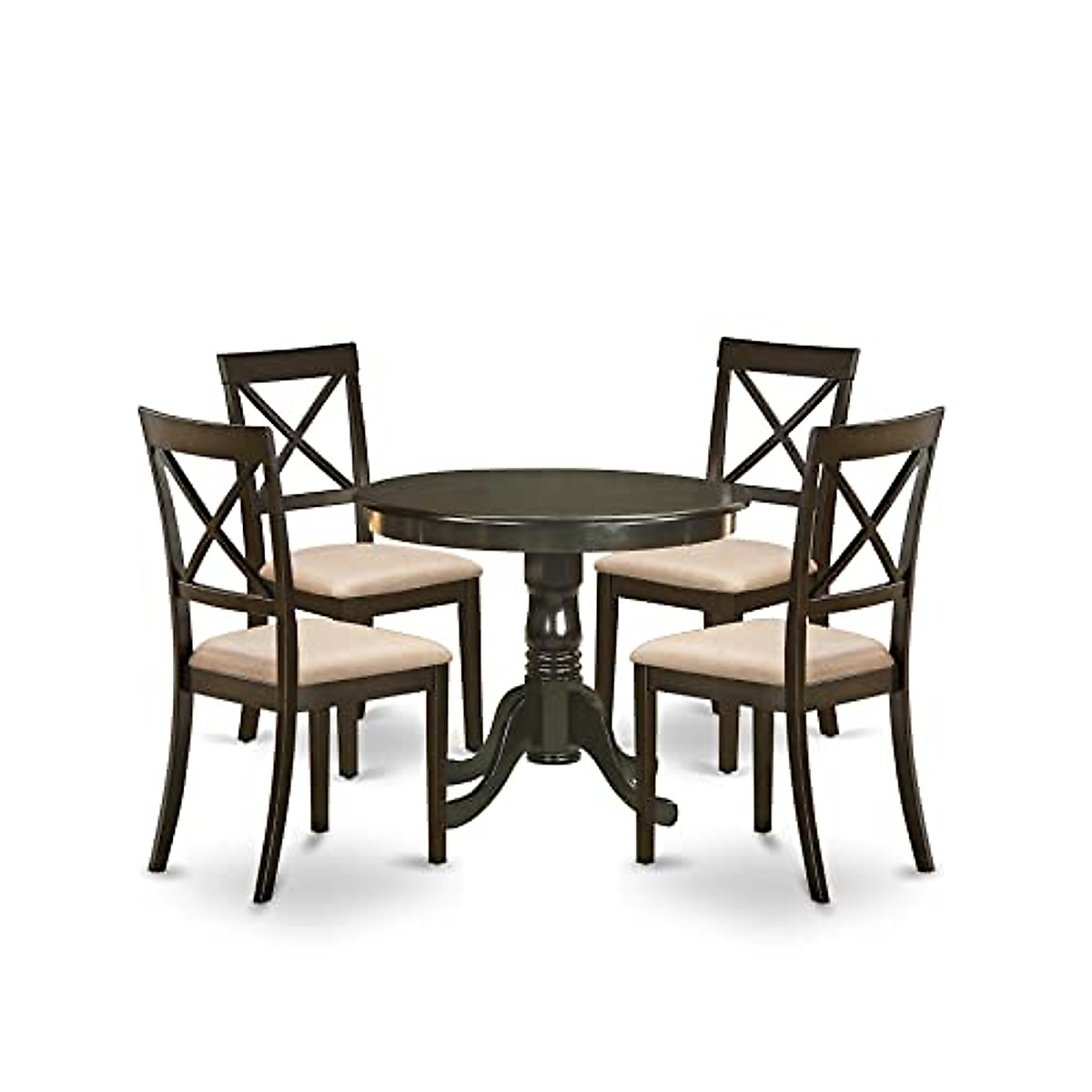 East West Furniture HLBO5-CAP-C 5 Piece Dining Room Furniture Set Includes a Round Dining Table with Pedestal and 4 Linen Fabric Upholstered Chairs, 42x42 Inch, Cappuccino