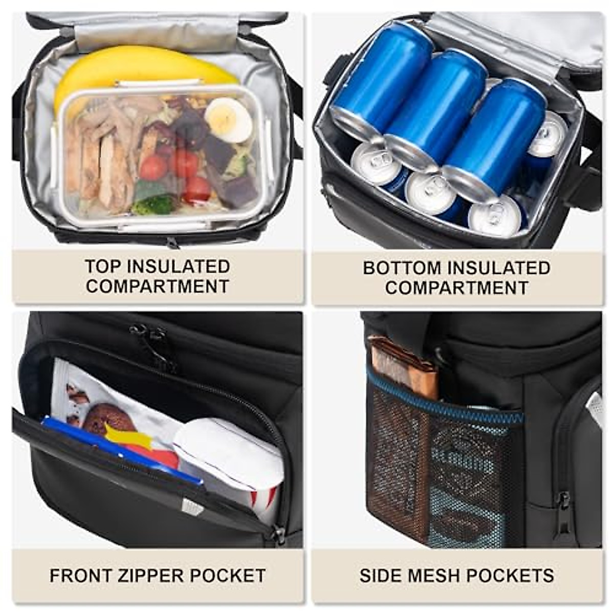 EVERFUN Insulated Lunch Bag Soft Lunch Box for Men Dual Compartments Small Lunch Box Collapsible Waterproof Leak-Proof for Work, Black