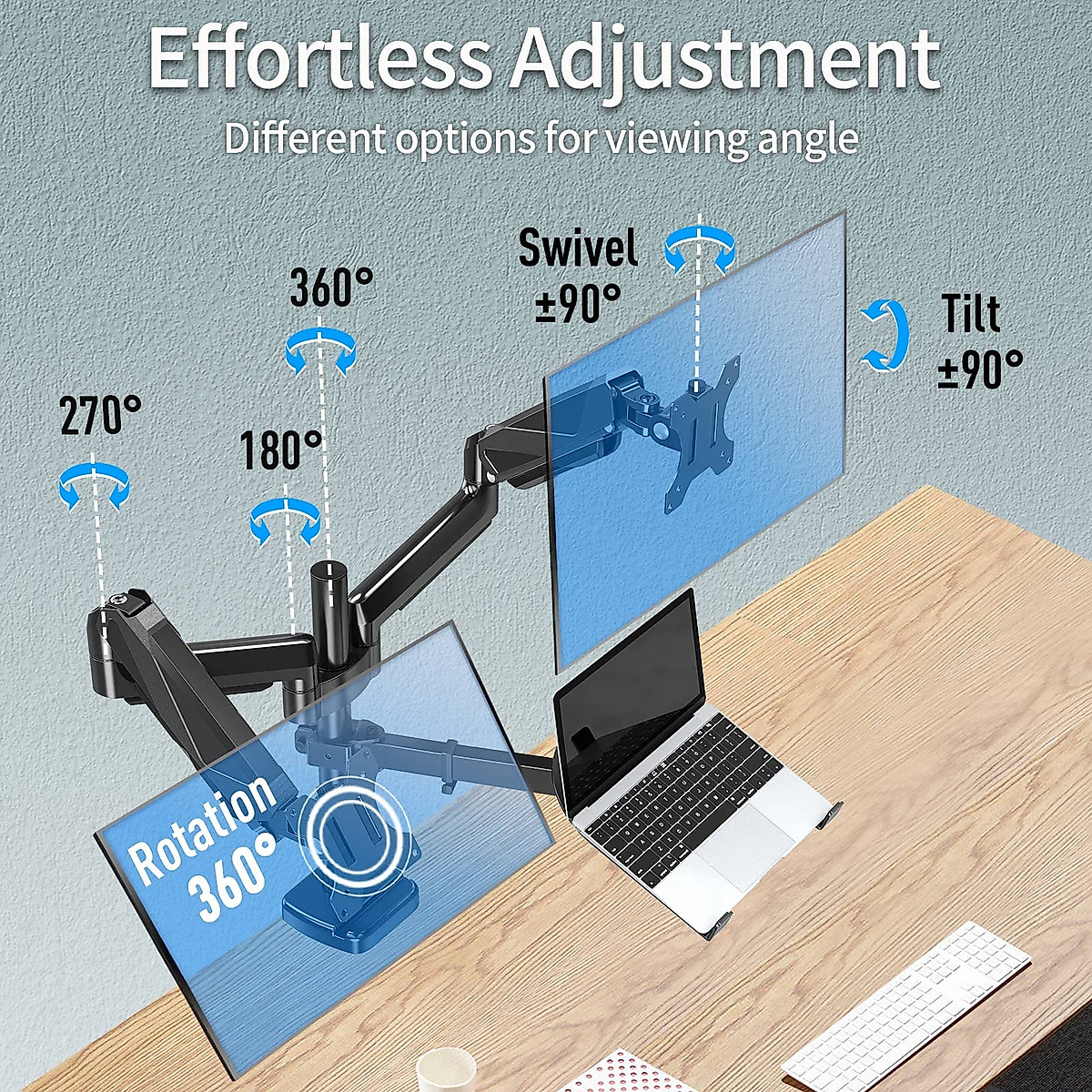 MOUNTUP Dual Monitor and Laptop Mount, Gas Spring Monitor Stand for 2 Max 27" Computer Screens, Laptop Tray Fits 10-17inch Notebook, Holds 4.4-17.6lbs Per Arm, 3-in-1 Adjustable Monitor Desk Mount