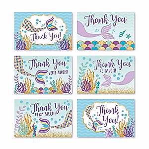 24 Mermaid Baby Shower Thank You Cards With Envelopes, Kids Thank-You Note, 4x6 Gratitude Card Gift For Guest Pack For Party, Birthday, For Boy or Girl Children, Cute Sea Pool Event Stationery