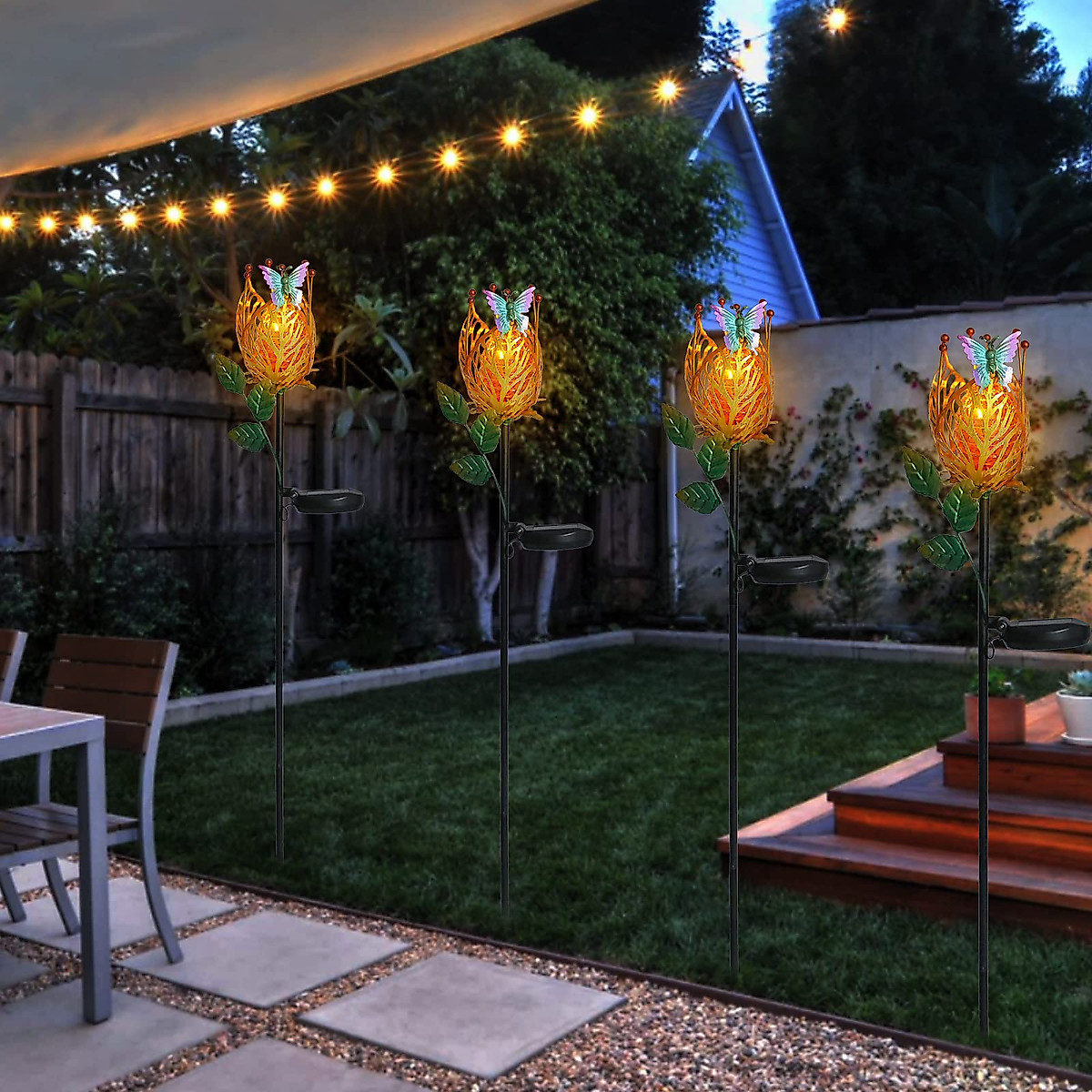 Solar Garden Lights Outdoor Decorative - Flower Solar Garden Stake Lights with Butterfly Landscape Path Lights Waterproof Solar Pathway Lights for Garden, Lawn, Patio, Yard Decorative（Yellow）