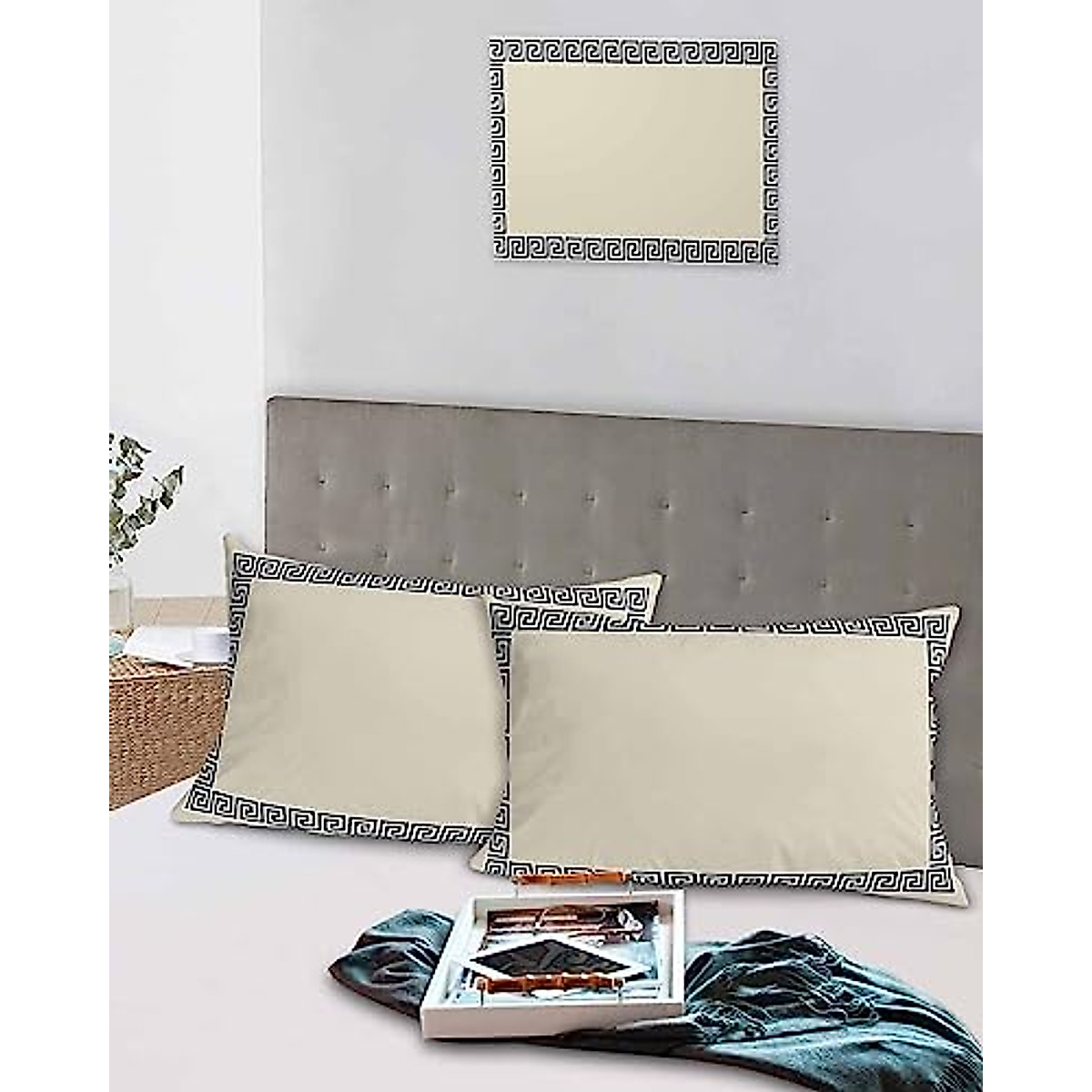 Edwiinsa Beige Pillow Covers King Standard Set of 2 20x36 Bed Pillow, Black Modern Geometric Abstract Art Aesthetics Plush Soft Comfort for Hair/Skin Cooling Pillowcases with Envelop Closure