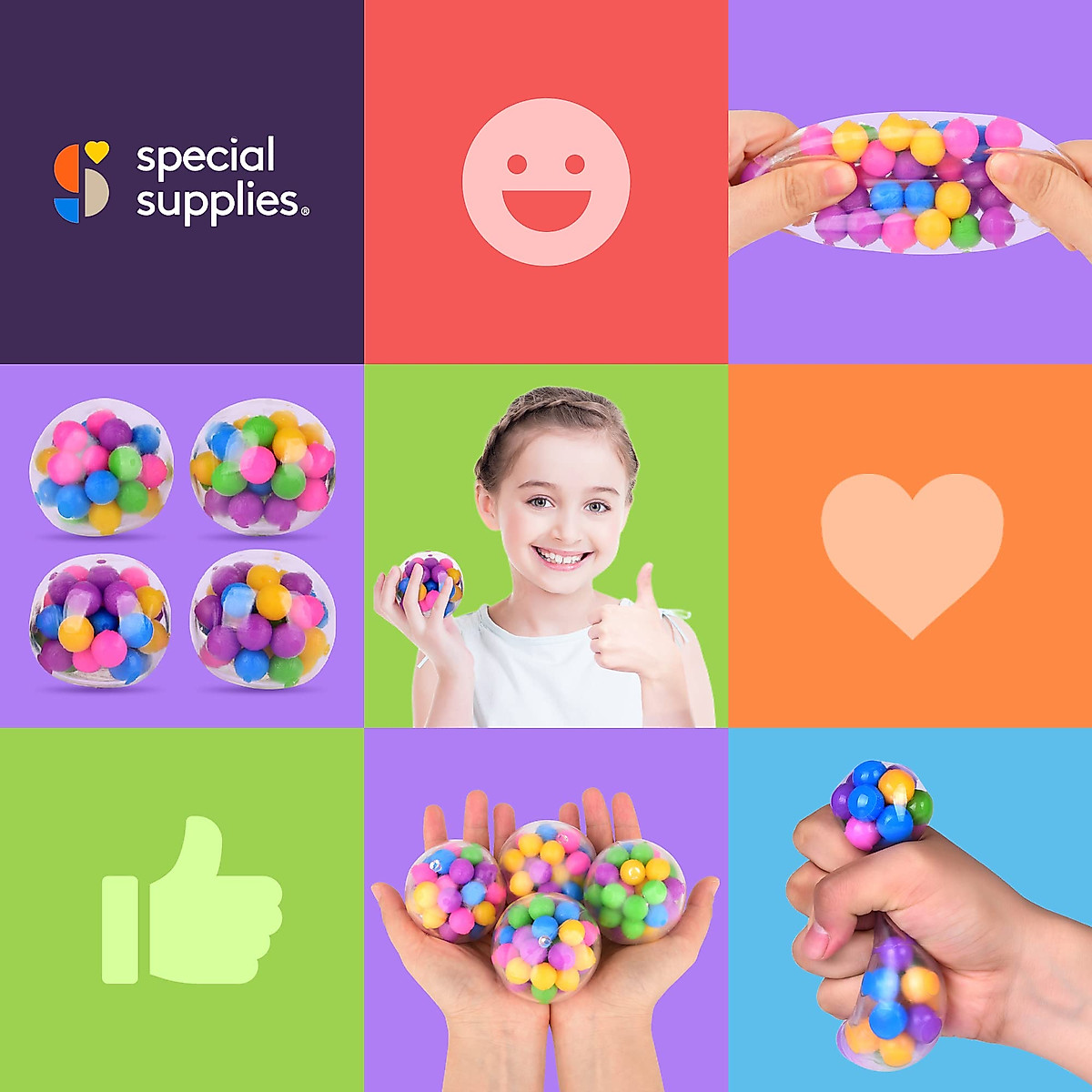 Squishy Stress Ball Squeeze, Color Sensory Toy, Relieve Tension, Anxiety, ADHD, Home, Travel and Office Use, Fun for Kids and Adults (4-Pack)