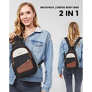 LOVEVOOK Sling Bag for Women, Sling Backpack Crossbody Bag Convertible, Small Diaper Bag Hiking Daypacks Water-resistant, Travel Shoulder Bag Chest Bag, Black Brown Beige