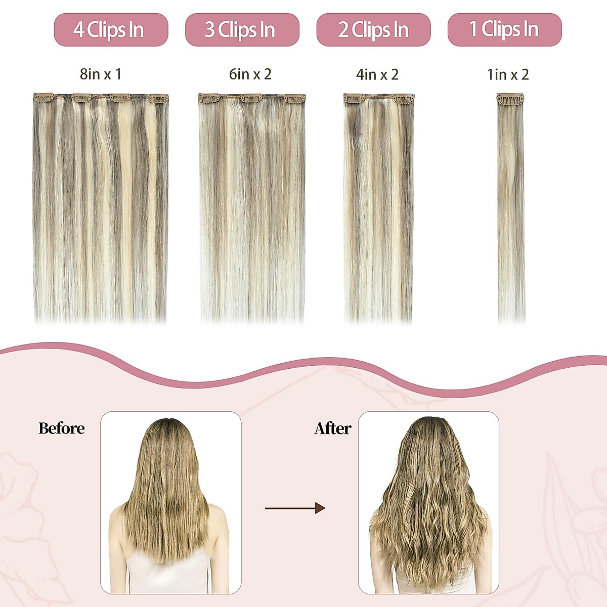 HUAYI Blonde Clip In Hair Extensions - Ash Blonde Mixed Bleach Blonde 70g 15 Inch, Real Human Hair Extensions for Women, Premium Quality Hair Extensions Real Human Hair for a Natural Look