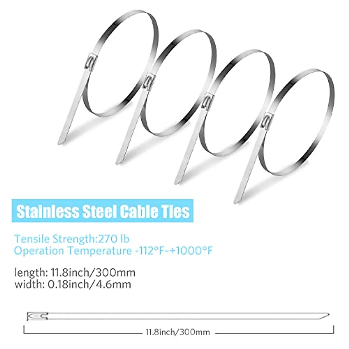 100PCS 11.8Inch Metal Cable Zip Ties - 304 stainless steel Heavy Duty Self-locking Cable Wire Tie Wrap for Fence Exhaust Wrapping Car Outdoor Canopy Automotive