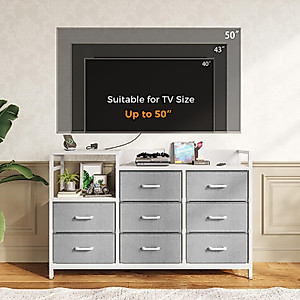 ODK Dresser with Charging Station, 52-Inch Long Dresser for Bedroom with 8 Storage Drawers, Fabric Dressers Chests of Drawers with Sturdy Steel Frame and Wooden Top, White and Light Grey