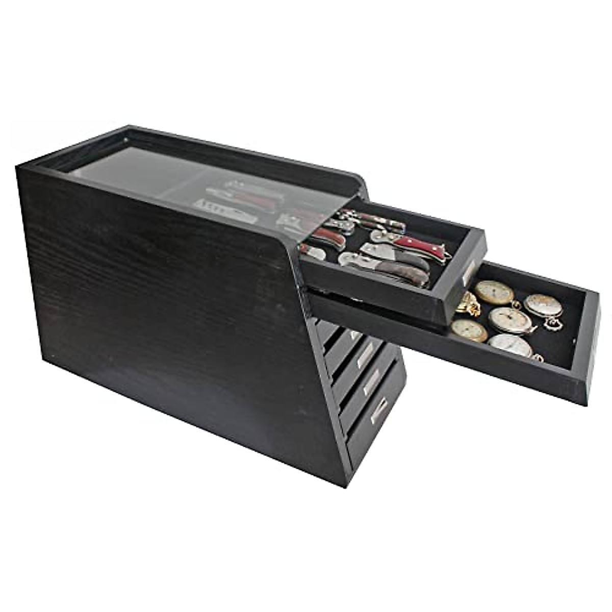 DisplayGifts Knife Storage Glass Top Display Case Holder Tool Storage Cabinet with Felt Bottom Drawers Black