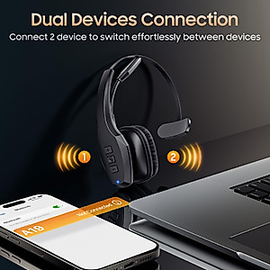 Trucker Bluetooth Headset, Wireless Headset with Mic, Bluetooth Headsets with Dual Noise Cancelling Microphone & Mute Button, 55Hrs Working Time PC Headsets for Cell Phones, Computer, Truck Driver