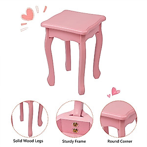 VALUE BOX Kids Vanity Table and Chair Set, 2 in 1 Princess Makeup Dressing Table with Drawer & Tri-Folding Mirror, Child Pretend Beauty Play Vanity Set for Girls