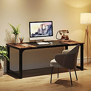 LITTLE TREE 63 Inch Large Executive Computer Office Desk, Brown+Black