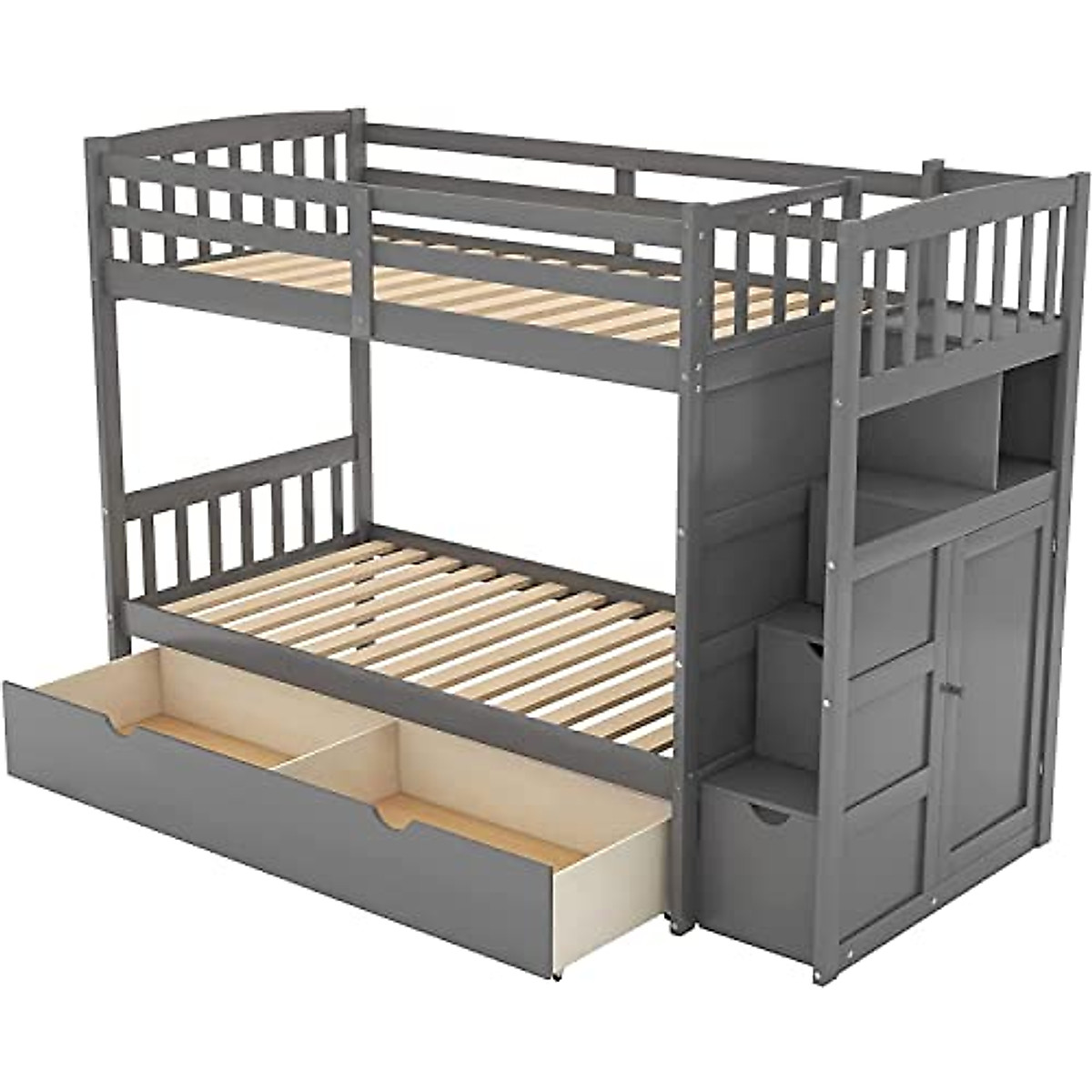 DNYN Stairway Twin Over Full & Twin Bunk Bed with Storage Shelves & Drawers,Convertible Bunkbeds,Wooden Home Furniture Bedframe,No Box Spring Need,Perfect for Kids Bedroom,Guest Room, Gray