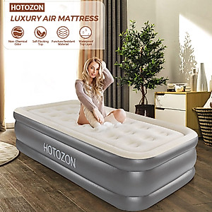 HOTOZON Twin Air Mattress with Built-in Pump, 18" Foldable Air Bed with Carry Bag, Luxury Elevated Inflatable Air Mattresses, Blow Up Airbed for Home, Camping & Guests, Grey