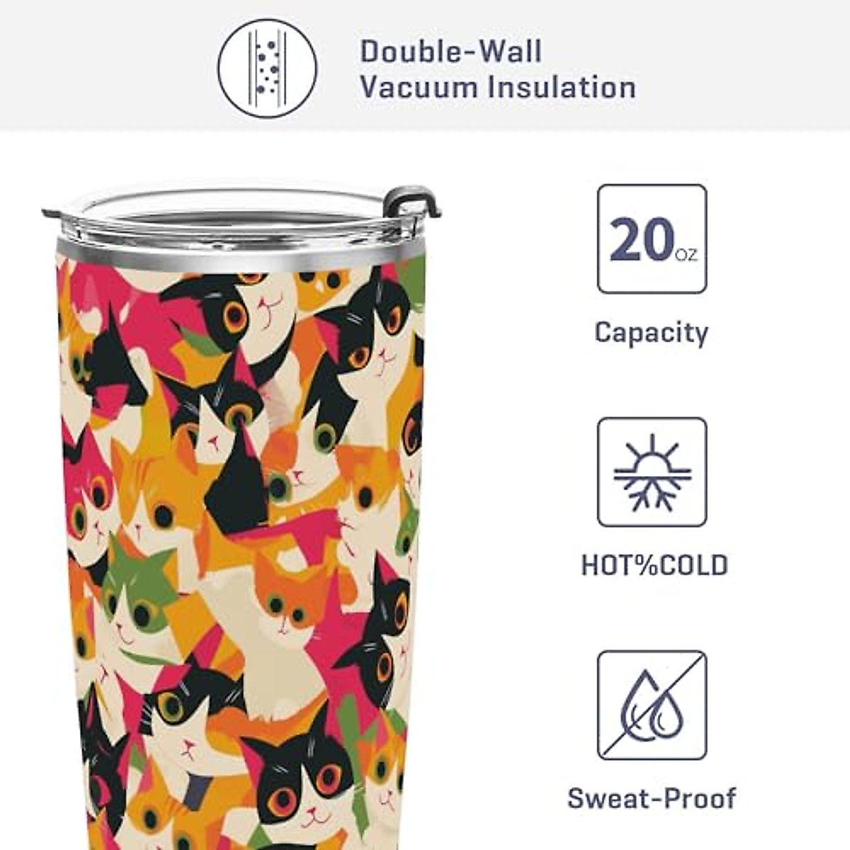 Retro Cartoon Cats Colorful Stainless Steel bottle with straw with Straw Lid travel coffee mug spill proof for Water, Iced Tea or Coffee modern coffee tumbler 20 OZ
