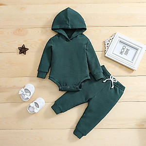 Thorn Tree Newborn Unisex Baby Clothes Set Hooded Long Sleeve Bodysuit Stretchy Pants Girl Boy Cotton Ribbed Outfits Fall Winter (Dark Green Hooded Suit,6-12 Months)