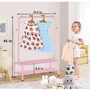 Kids Clothing Rack - Kids Dress Up Clothes Storage Racks - Dress Up Rack for Little Girls - Small Kids Costume Wardrobe Rack with 2 Fabric Floors Storage Shelf - Mini Short Kids Clothing Garment Rack