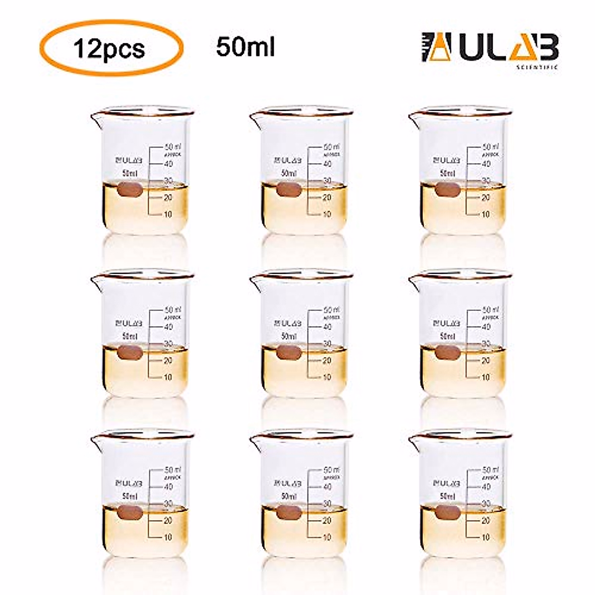 ULAB Scientific Glass Beakers Shot Glass, Vol. 50ml, 3.3 Borosilicate Griffin Low Form with Printed Graduation, Pack of 12, UBG1013