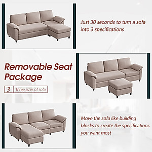 Vongrasig 79" Convertible Sectional Sofa Couch, 3 Seat L Shaped Sofa with Removable Pillows Linen Fabric Small Couch Mid Century for Living Room, Apartment and Office, Khaki