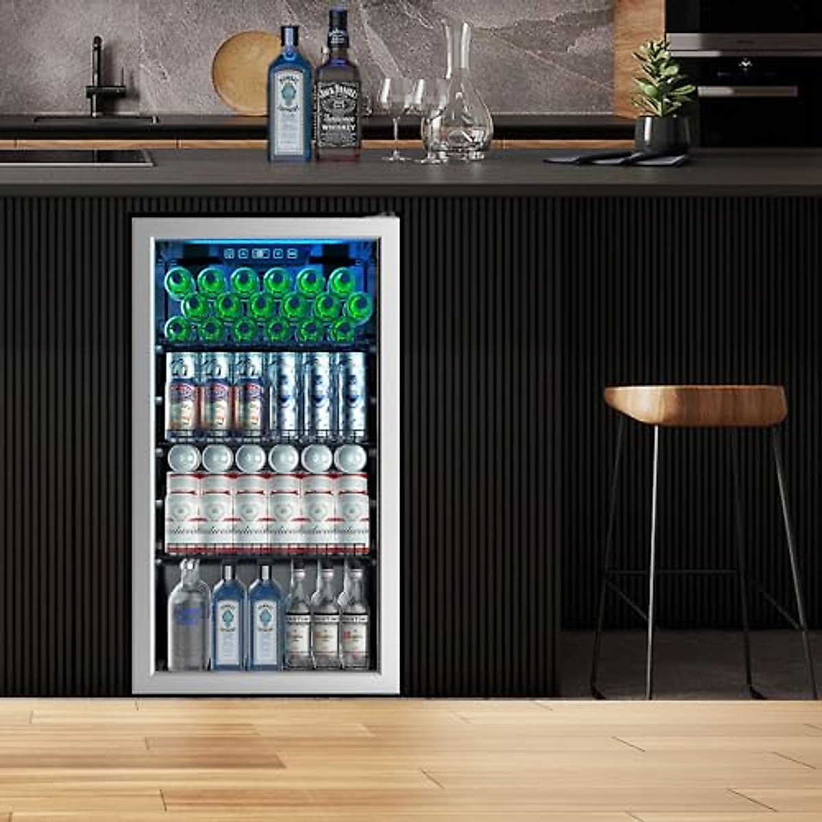 ICYPOLK Beverage Refrigerator Cooler -120 Can Stainless Steel Mini Fridge with Digital Temperature Display, Glass Door and Adjustable Shelves Perfect for Soda Beer Wine Drinks, 3.2 Cu.Ft