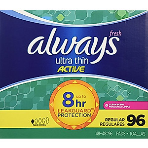 Always Ultra Thin Active Pads, Regular With Flexi-Wings, Clean Scent ,96 Count