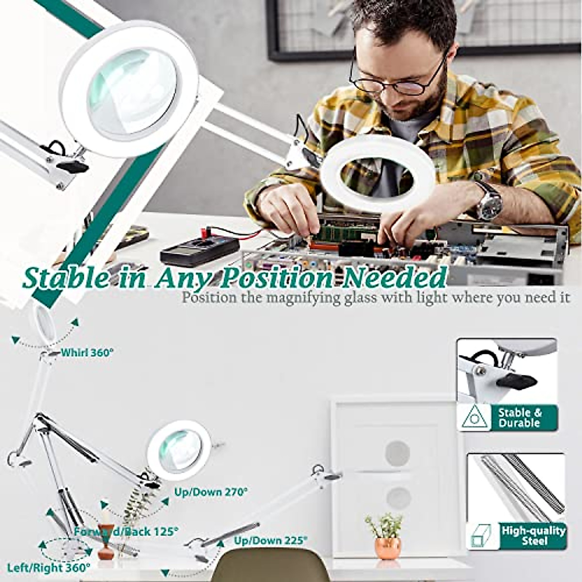 TOMSOO 4-in-1 Magnifying Glass with Light, White/Warm White Lighted Magnifier Lens - Adjustable Swivel Arm Full Spectrum LED Magnifying Floor Lamp with Clamp for Reading, Crafts, Close Work (White)