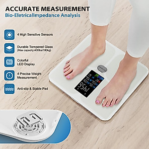 Body Fat Scale, ABLEGRID Digital Smart Bathroom Scale for Body Weight, Large LCD Display Screen, 16 Body Composition Metrics BMI, Water Weigh, Heart Rate, Baby Mode, 400lb, Rechargeable (White)