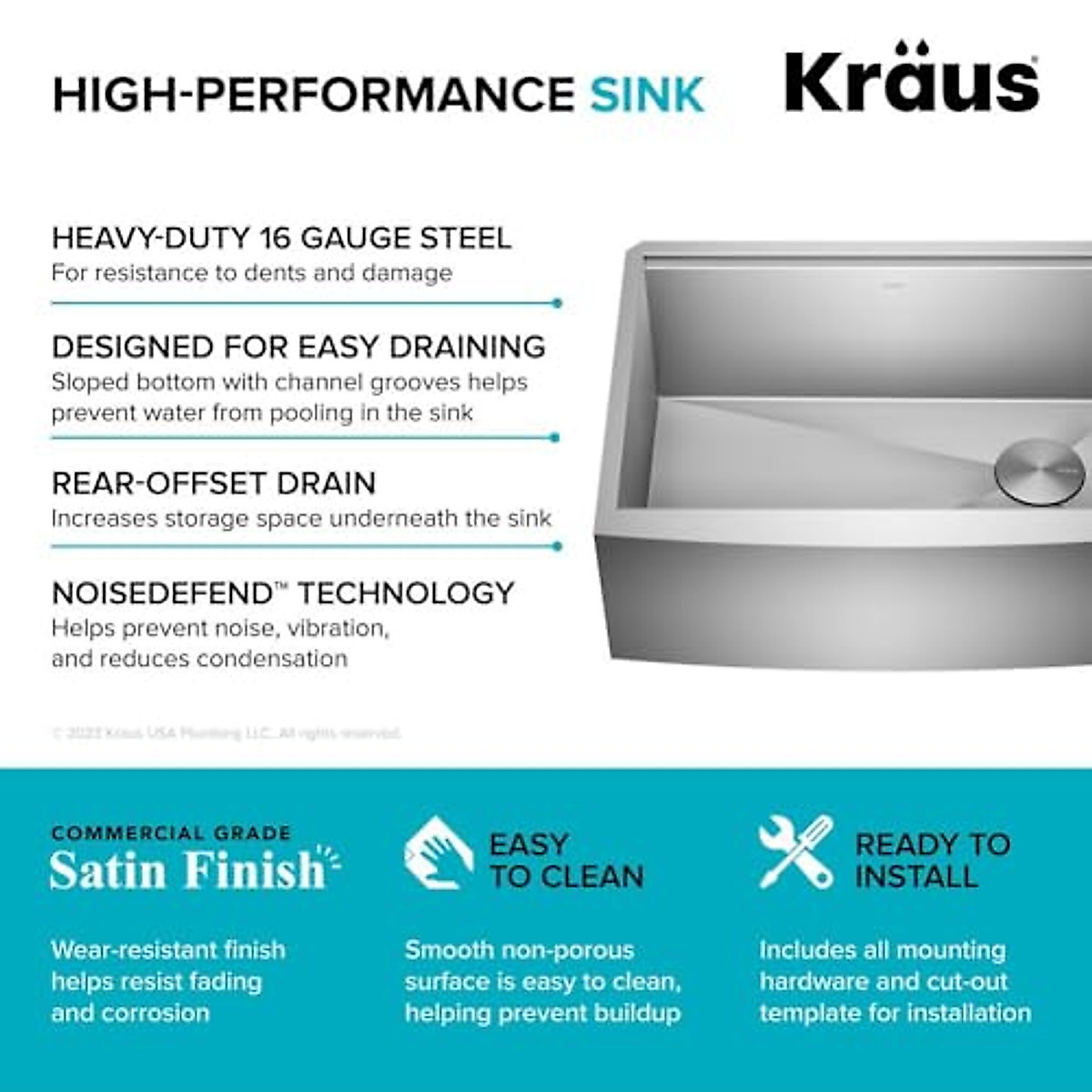 KRAUS Kore 27-Inch Farmhouse Workstation 16 Gauge Single Bowl Stainless Steel Kitchen Sink with Accessories, KWF210-27