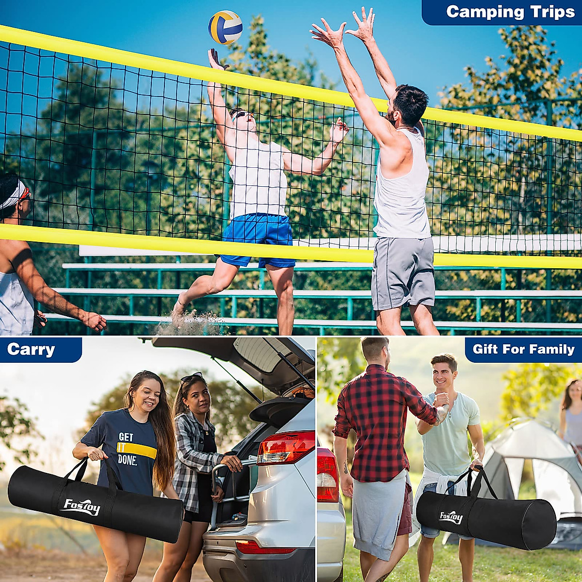 Fostoy Volleyball Net Outdoor, Professional Portable Volleyball Net Set with Adjustable Height Poles, Anti-Sag System, Soft Volleyball, Pump, Boundary Line and Carrying Bag for Backyard, Beach, Lawn