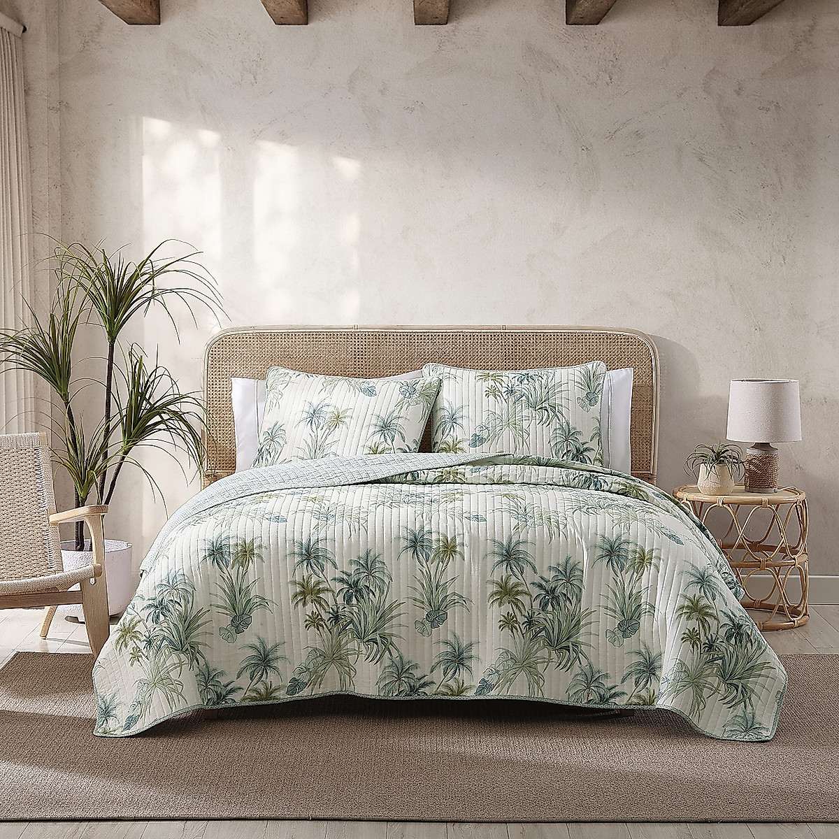 Tommy Bahama - King Quilt, Cotton Reversible Bedding, Pre-Washed for Added Softness (Serenity Palm Blue, King)